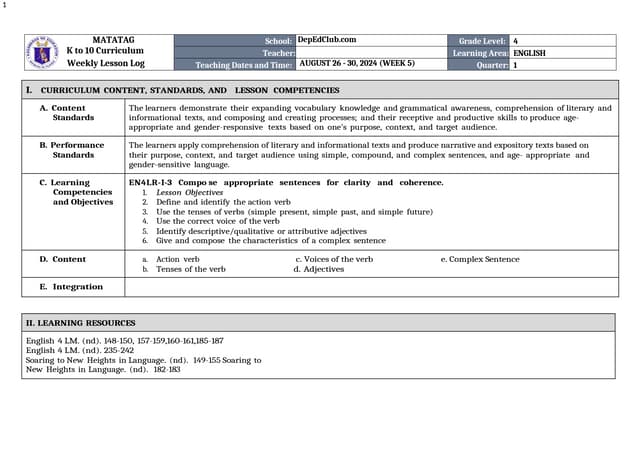 Detailed Lesson Plan in English 2 - (VERBS) | DOCX