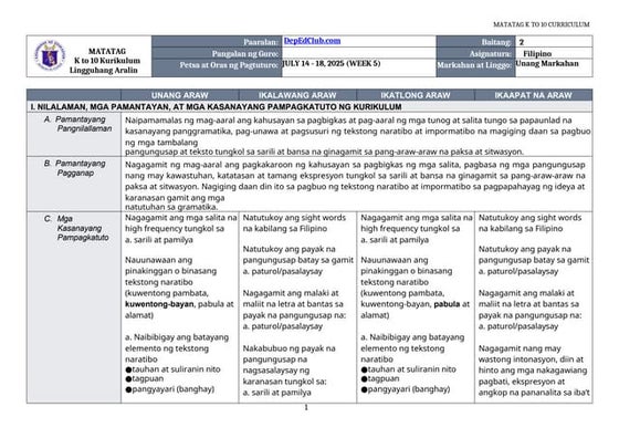 LESSON EXEMPLAR FILIPINO 7 - WEEK 1 - MATATAG CURRICULUM | PDF