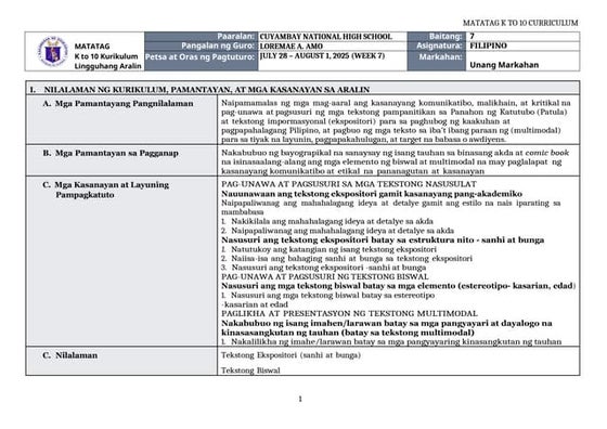 DLL MATATAG _FILIPINO 8 Q1 W7.docs for 2025 | DOCX