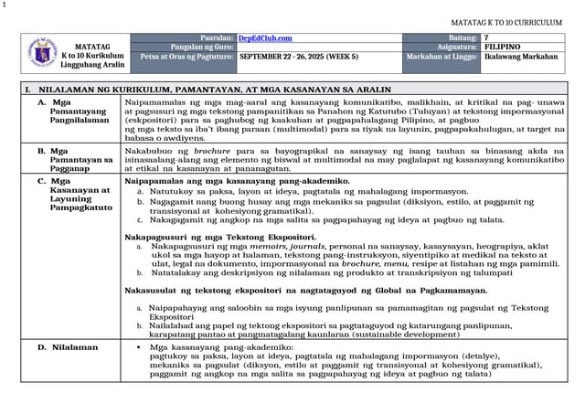 DLL MATATAG _FILIPINO 8 Q1 W7.docs for 2025 | DOCX