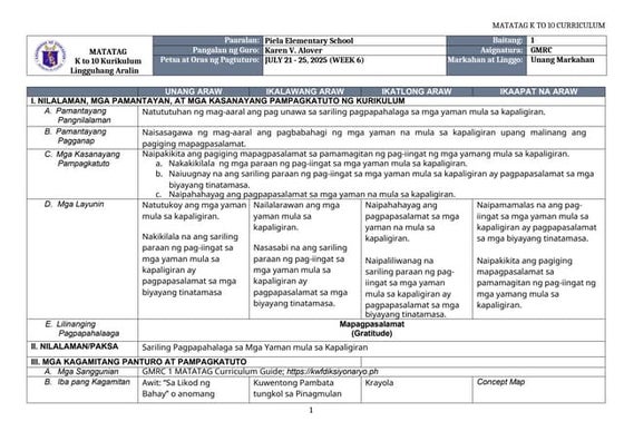 Grade 1 daily lesson log. week 6 day 1 to 5 GMRC | DOCX