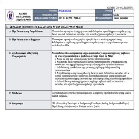 Daily Lesson Log in GMRC 3 Q1 -GMRC 3-QUARTER 1-WEEK 5 | DOCX