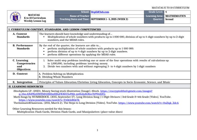 DLL for MATATAG _MATHEMETICS 4 Q2 W1 new | DOCX | Homework and Study | Education
