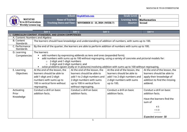math exemplar grade 1 quarter 1 week six | PDF
