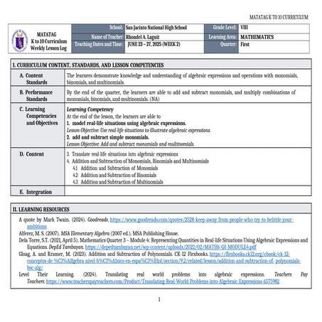Daily Lesson Log—Grade 8 Matatag Curriculum Week 2 | DOCX