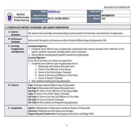 Daily Lesson Log—Grade 8 Matatag Curriculum Week 2 | DOCX