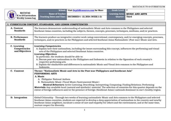 Q2_LE_Music and Arts 7_Lesson 1_Week 1. lesson exemplar | PDF