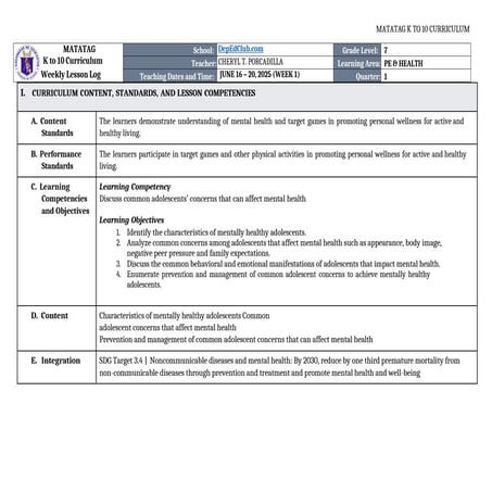 I AM CHERYL DETAILED LESSON PLAN MAPEH 7 QUARTER 1 | DOCX