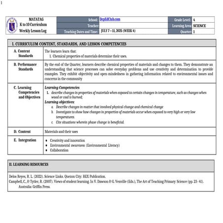 DLL MATATAGSCIENCE 4 Q1 matatag curriculum | DOCX