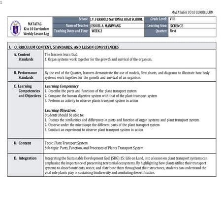 Daily Lesson Log Science 8 Quarter 2 Week 1 | DOCX