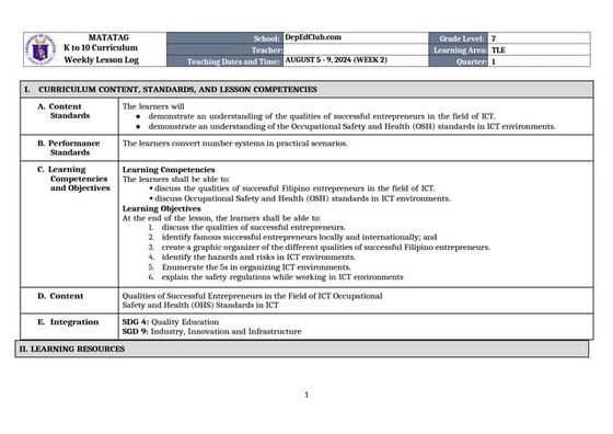 Grade 7 ICT: Occupational Safety and Health (OHS) Standards in ICT (PPT) MATATAG Curriculum | PPT