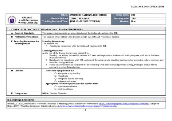 TLE 8 QUARTER 1 MODULE WEEK 1 MATATAG CURRICULUM | PDF