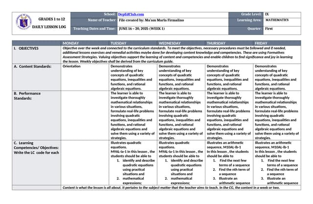 mathematics lesson plan for graded 4 pupils | DOCX
