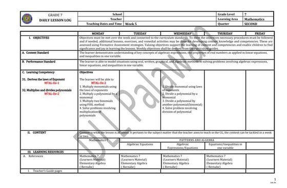 Lesson plan-advanced algebra Grade 7 | PDF
