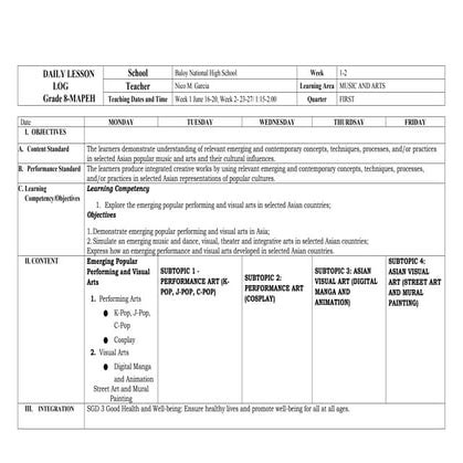 Daily lesson Log on Music and Arts -Week 1-2 | DOCX