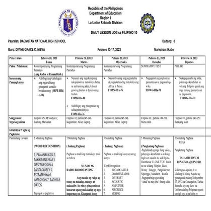 daily lesson log PEBRERO 13-16, 2023 grade 10 | DOCX