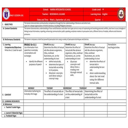 Daily Lesson Log English 10Quarter Lesson 2 | DOCX