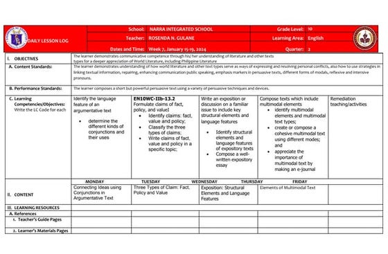 Daily Lesson Log English 10 Quarter 4 Week 4ITY Q4 L4.docx | Homework and Study | Education