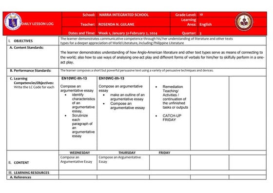 Daily Lesson Log English 10 Quarter 4 Week 4ITY Q4 L4.docx | Homework and Study | Education