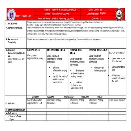 Daily Lesson Log English 10 Quarter 3 Lesson 1 | DOCX