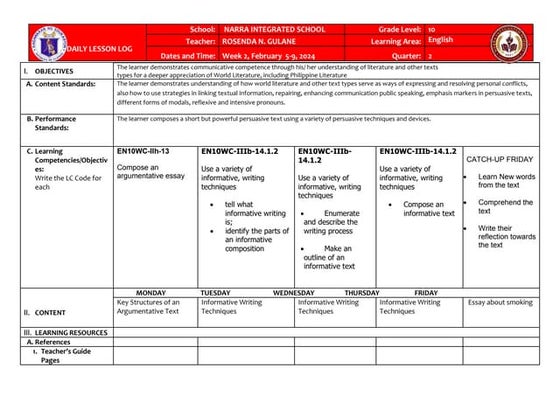 Daily Lesson Log English 10 Quarter 2 Lesson 1 | DOCX | Educational ...
