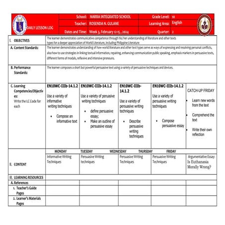 Daily Lesson Log English 10 Quarter 3 Lesson 3 | DOCX