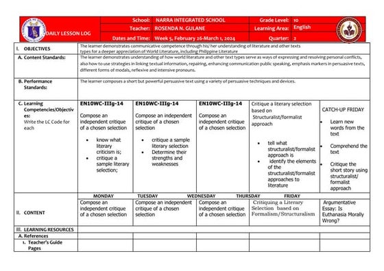 Daily Lesson Log English 10 Quarter 4 Week 4ITY Q4 L4.docx | Homework and Study | Education