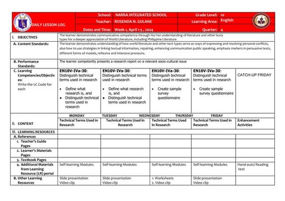 Daily Lesson Log English 10 Quarter 4 Week 4ITY Q4 L4.docx | Homework and Study | Education