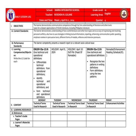 Daily Lesson Log English 10 Quarter 3 Lesson 1 | DOCX