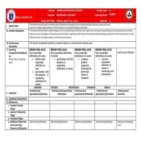 Daily Lesson Log English 10 Quarter 4 Lesson 3 | DOCX