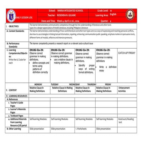 Daily Lesson Log in English 10 Quarter4 Lesson 4 | DOCX