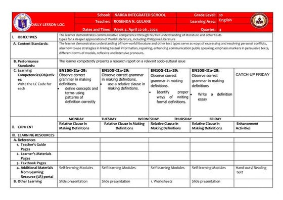 Daily Lesson Log English 10 Quarter 4 Week 4ITY Q4 L4.docx | Homework and Study | Education