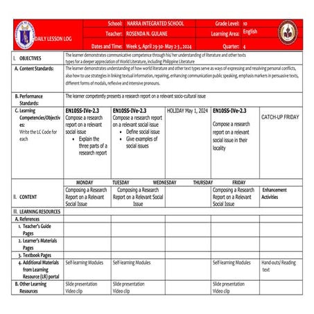 Daily Lesson Log on English 10 Quarter 4 Lesson 5 | DOCX