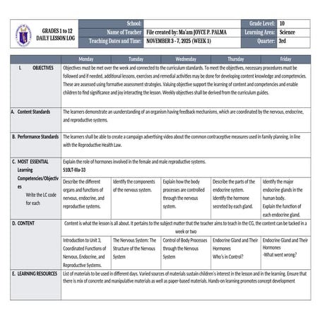 Lesson plan on Nervous system 10 | DOCX