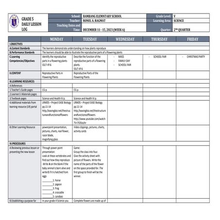 daily lesson plan in Science in fifth grader | DOCX