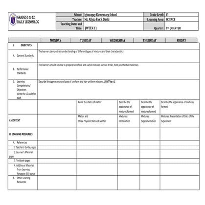 Daily Lesson Log science quarter one week one | DOCX