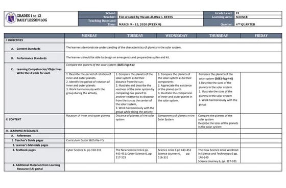 THE GRADE- 6 COT- SOLAR SYSTEM LESSON PLAN | DOCX