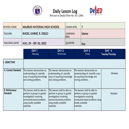 Deped DLL Science 7 Q1W1 Sample dll dlp.docx