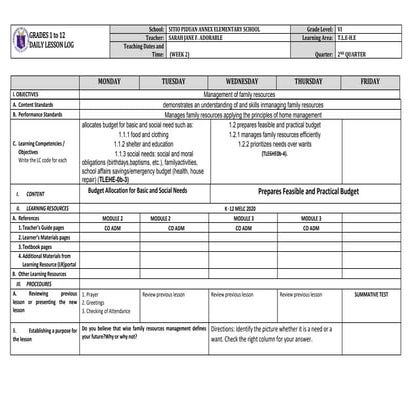 Lesson Plan TLE 6 Home Economics | DOCX