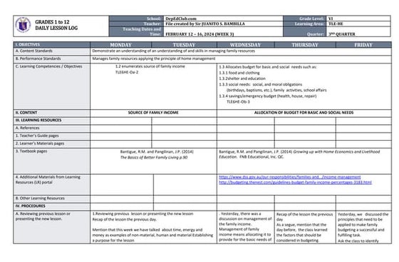 Lesson Plan TLE 6 Home Economics | DOCX