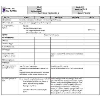 daily lesson log of grade 6 TLE third quarter | DOCX