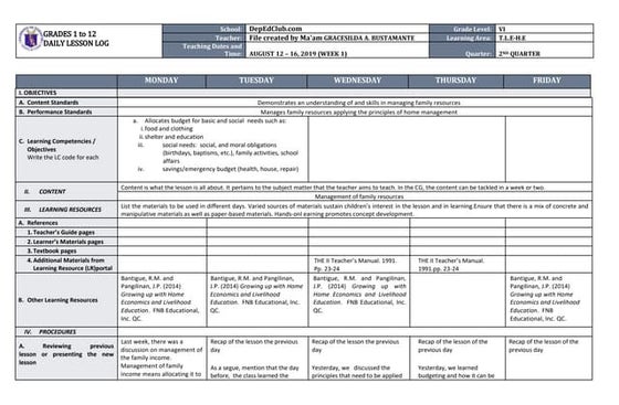 Lesson Plan TLE 6 Home Economics | DOCX