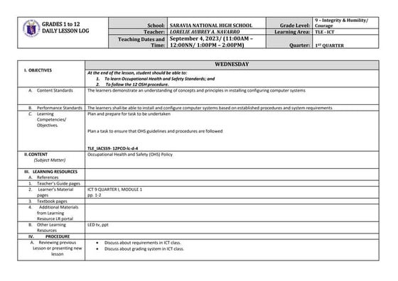 Grade 7 ICT: Occupational Safety and Health (OHS) Standards in ICT (PPT) MATATAG Curriculum | PPT