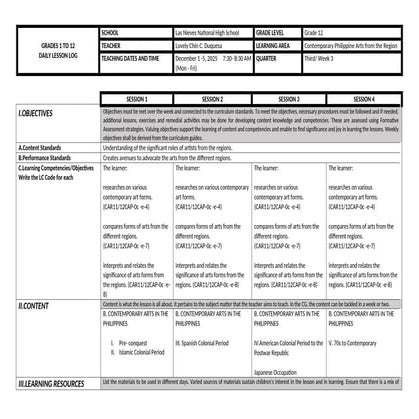 daily lesson log gor Contemporary arts in the Phil. from the Region ...