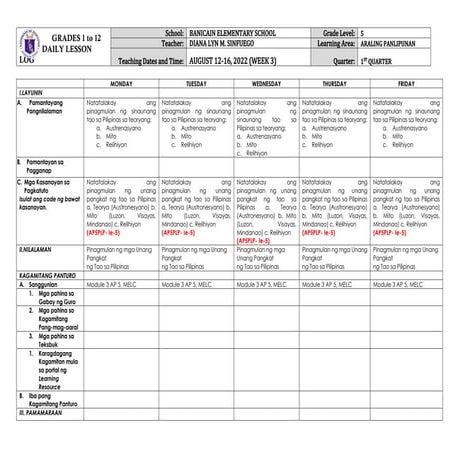 DAILY LESSON LOG WEEK 3 ARALING PANLIPUNAN 5 | DOCX