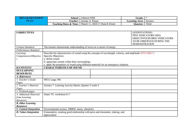 Grade 4 science sound unit | DOC