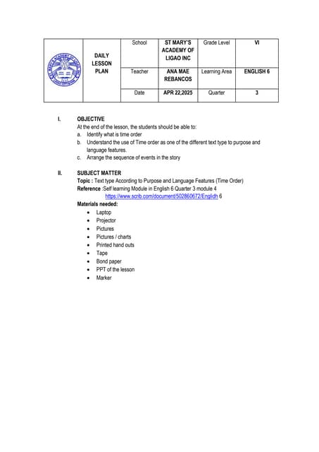 Distinguishing Text-type According to Purpose and Features Time-Order.pptx