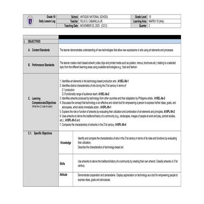 daily lesson plan in Arts - Grade 10 Phoenix | DOCX