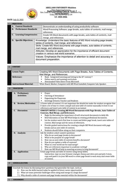 Daily Lesson Plan in MS Word Interface for Classroom Observation | DOCX