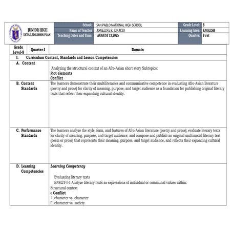 Detailed Lesson Plan English 8 1st Quarter | DOCX